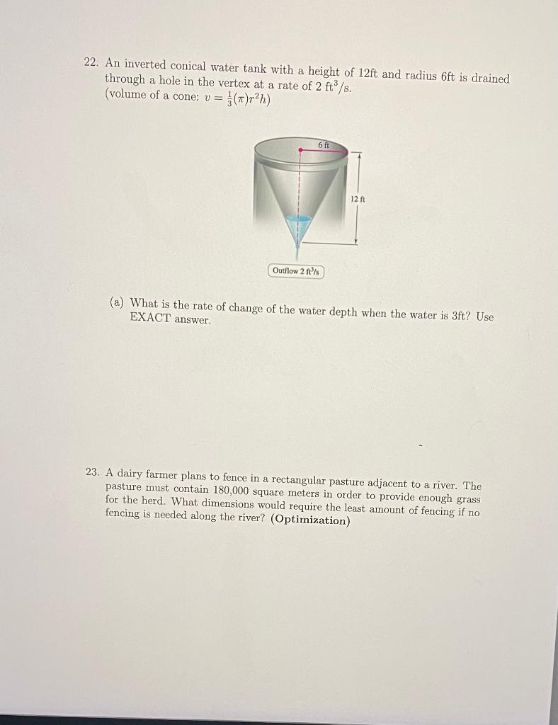 Solved 22. An inverted conical water tank with a height of | Chegg.com