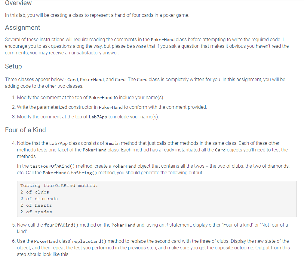 Overview In this lab, you will be creating a class to | Chegg.com