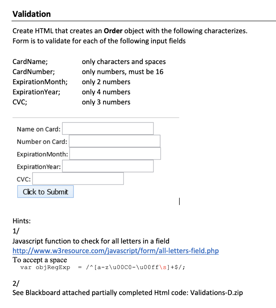 Solved Validation Create HTML that creates an Order object | Chegg.com