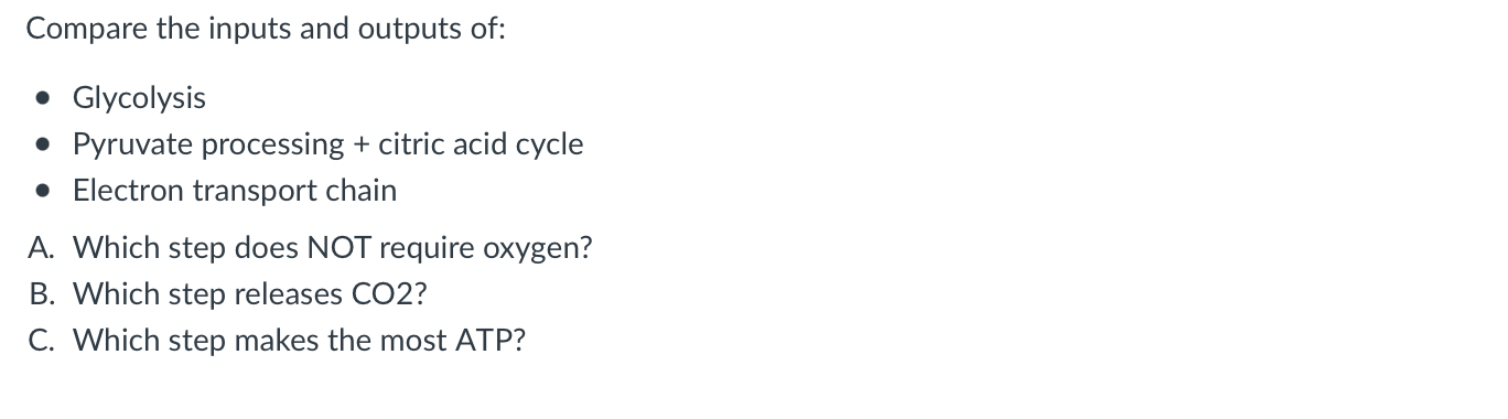 Solved Compare the inputs and outputs of: - Glycolysis - | Chegg.com