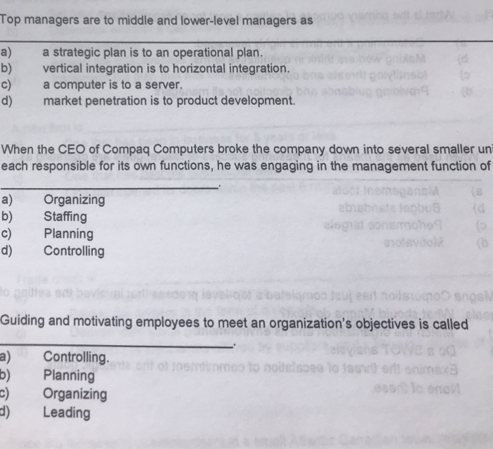 Solved Top managers are to middle and lower-level managers | Chegg.com