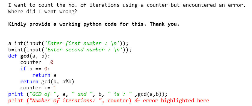 Solved I want to count the no. of iterations using a counter | Chegg.com