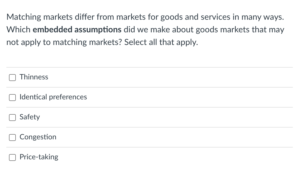 Solved Matching markets differ from markets for goods and | Chegg.com