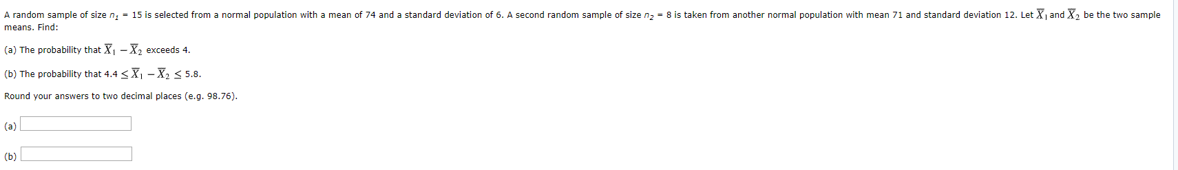 Solved A random sample of size n1 = 15 is selected from a | Chegg.com