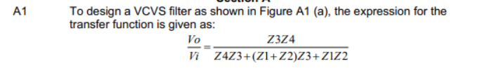 Solved A1 To design a VCVS filter as shown in Figure A1 (a), | Chegg.com