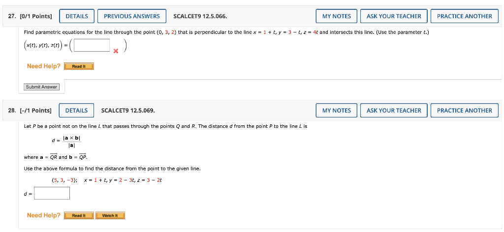 Solved [0/1 Points] SCALCET9 12.5.066. Find parametric | Chegg.com