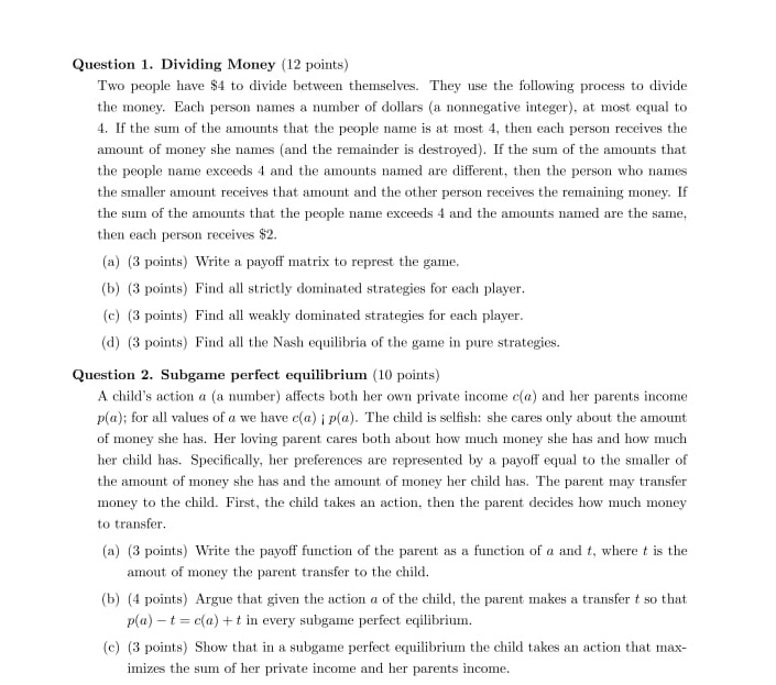 Solved Question 1. Dividing Money (12 points) Two people | Chegg.com