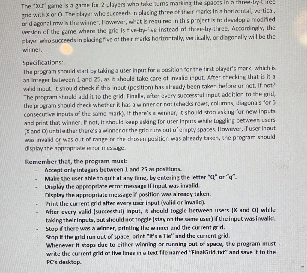 Solved The “XO" game is a game for 2 players who take turns | Chegg.com