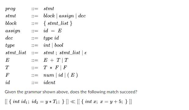 Solved \( \begin{array}{ll}\text { prog } & ::=\text { stmt | Chegg.com Solved \( \begin{array}{ll}\text { prog } & ::=\text { stmt | Chegg.com