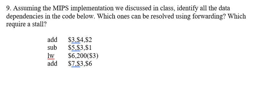 Solved 9. Assuming the MIPS implementation we discussed in | Chegg.com