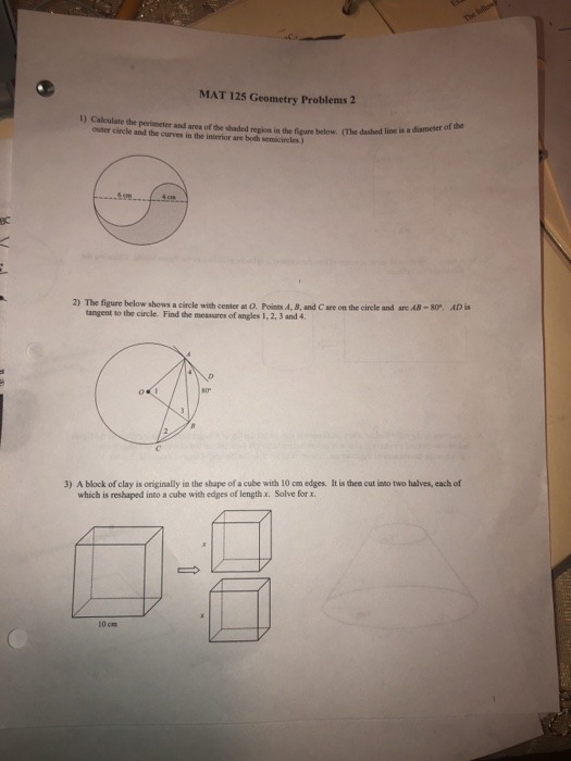 Solved MAT 125 Geometry Problems 2 I) Calculate the | Chegg.com