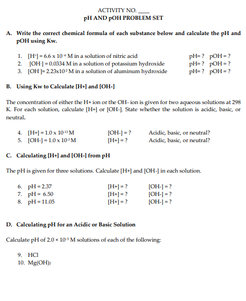 Solved ACTIVITY NO. pH AND POH PROBLEM SET A. Write the | Chegg.com