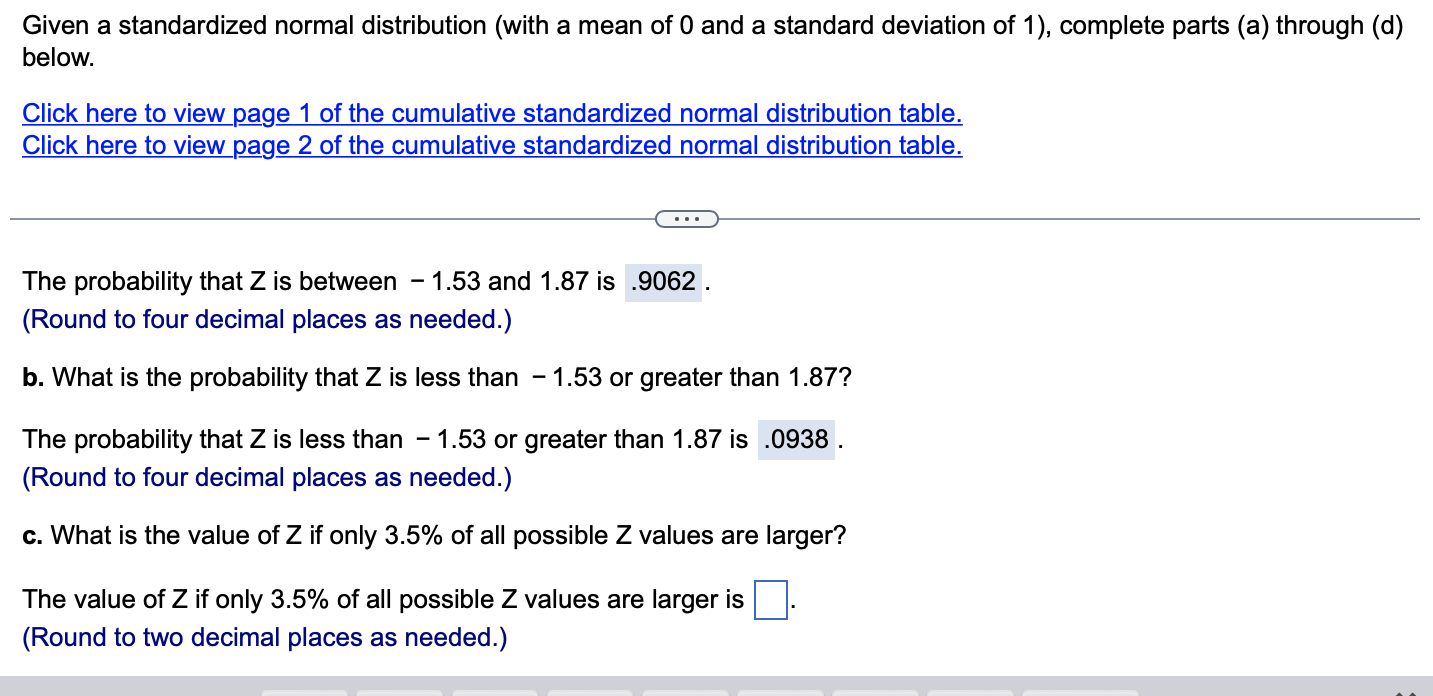 Solved Given a standardized normal distribution (with a mean | Chegg.com