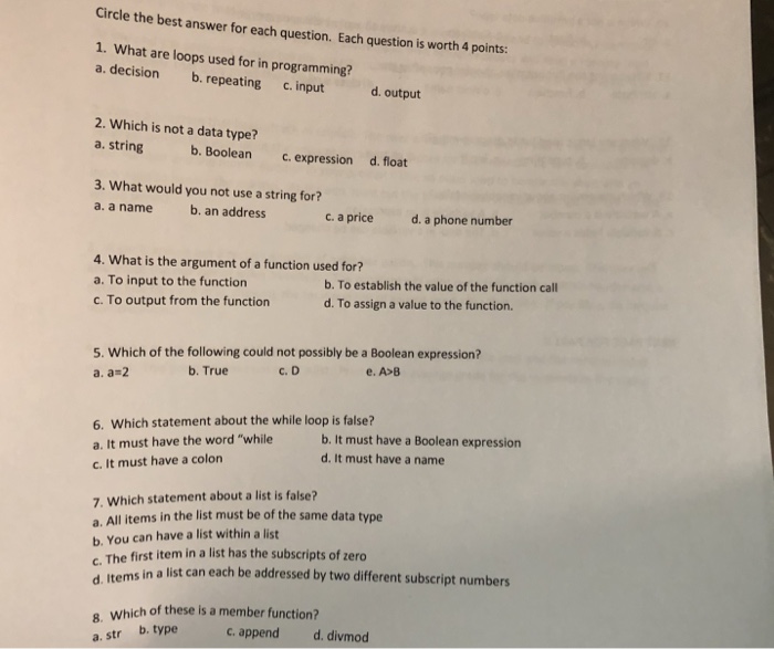 Solved Circle the best answer for each question. Each | Chegg.com