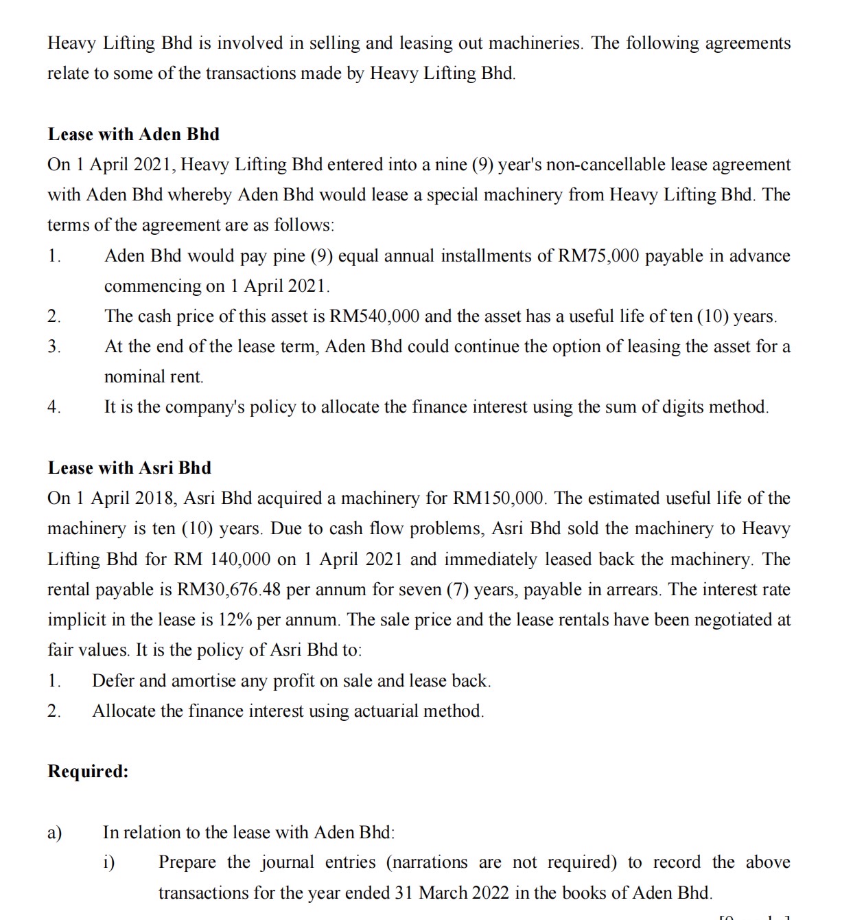 Solved Heavy Lifting Bhd is involved in selling and leasing | Chegg.com