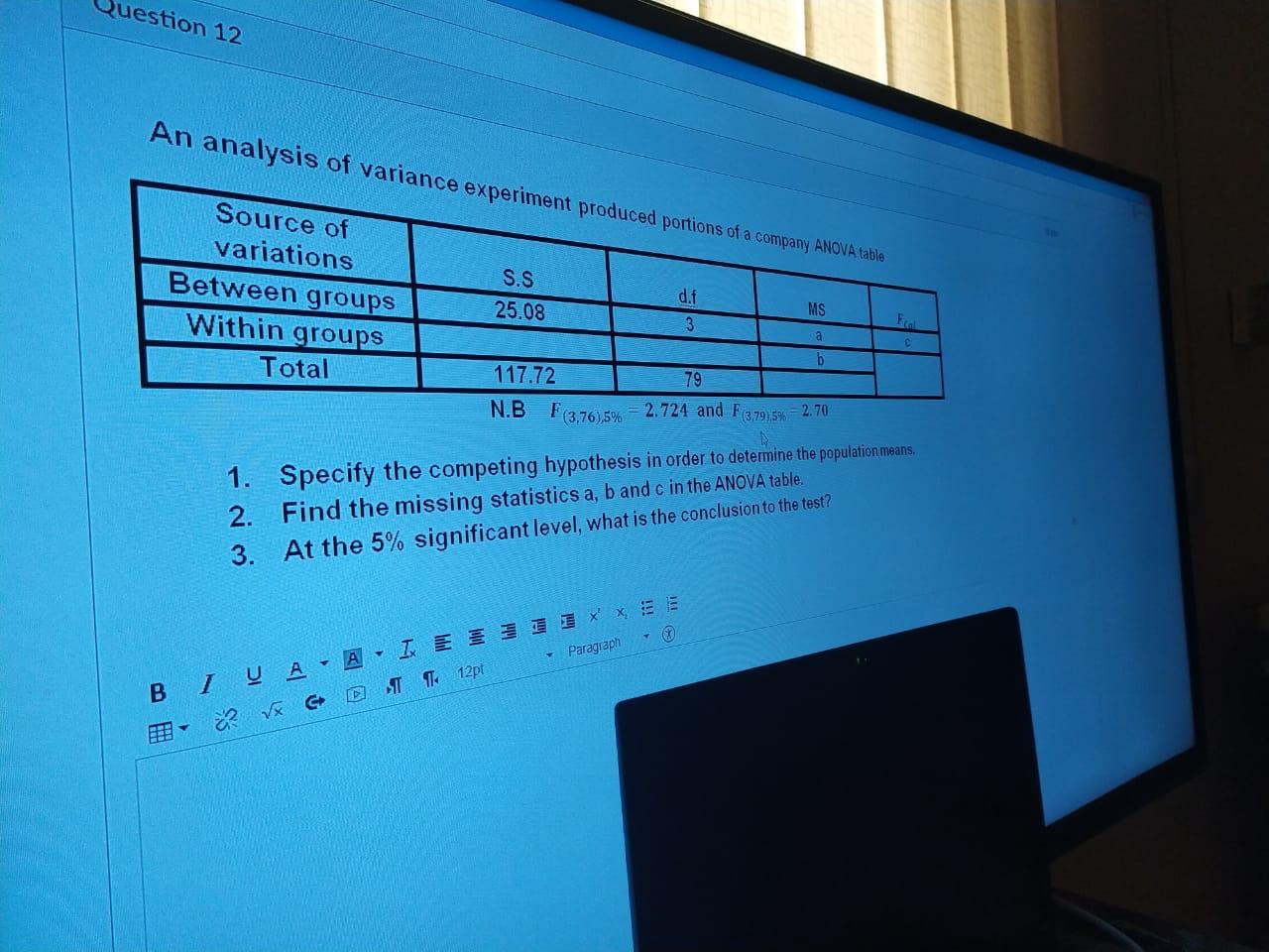 Solved Question 12 An analysis of variance experiment | Chegg.com