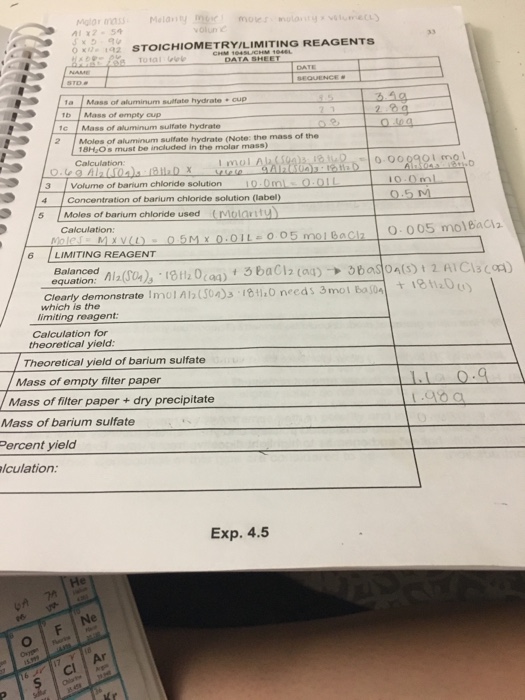 o xi12 STOICHIOMETRY/LIMITING REAGENTS DATA SHEET 1a | Chegg.com