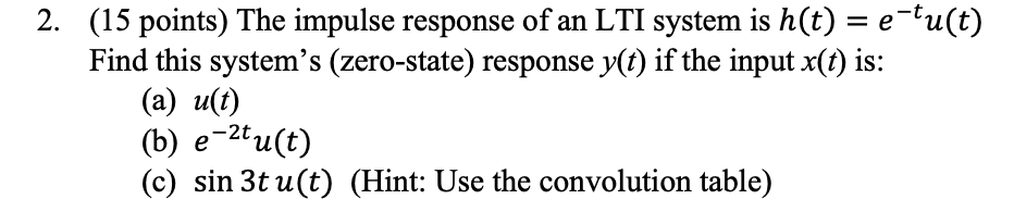 Solved 2. (15 points) The impulse response of an LTI system | Chegg.com
