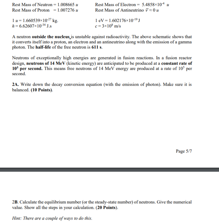 Rest Mass of Neutron = 1.008665 u Rest Mass of Proton | Chegg.com