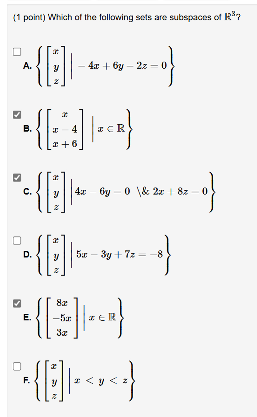 Solved (1 ﻿point) ﻿Which of the following sets are subspaces | Chegg.com