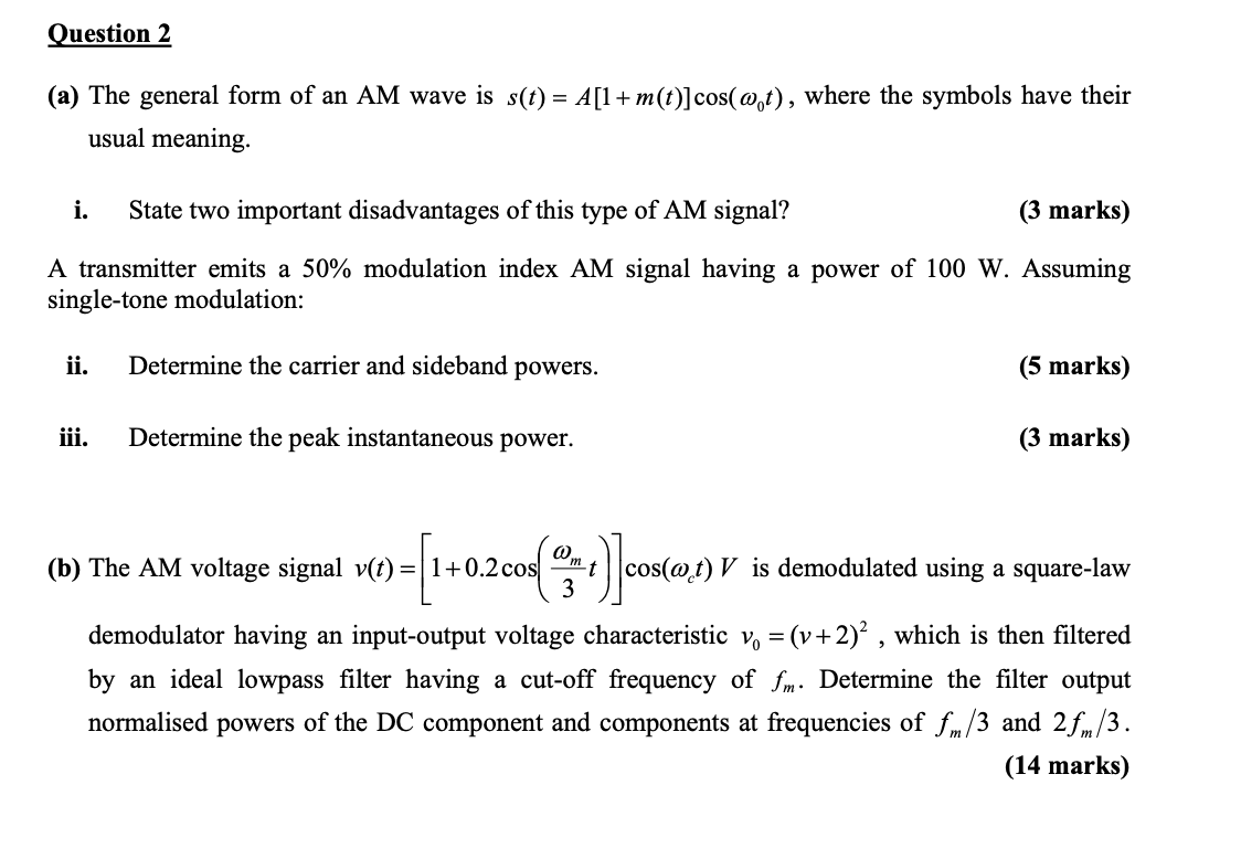 Solved (a) The general form of an AM wave is | Chegg.com