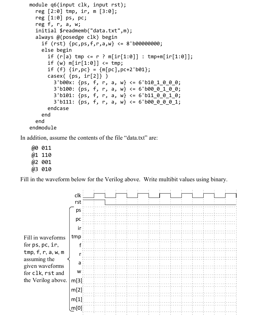 Solved module q6(input clk, input rst); reg (2:0) tmp, ir, m | Chegg.com