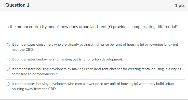 Solved Question 1 1 pts In the monocentric city model, how | Chegg.com