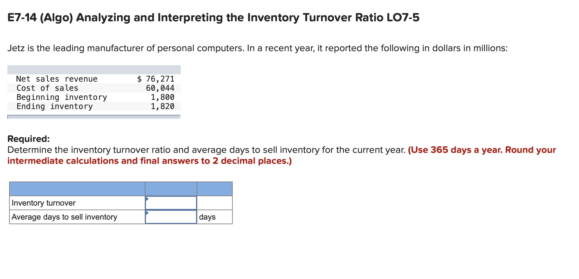 Solved E7-14 (Algo) Analyzing and Interpreting the Inventory | Chegg.com