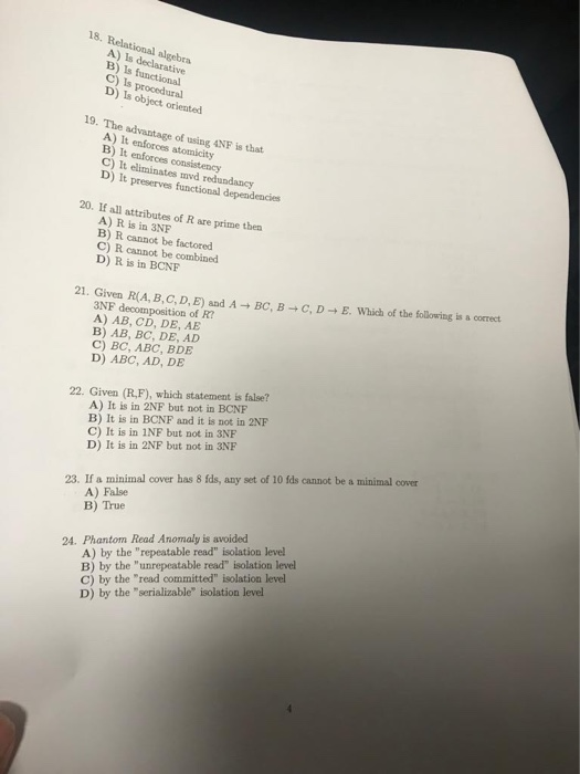 Solved 18. Relational algebra A) Is declarative B) Is | Chegg.com