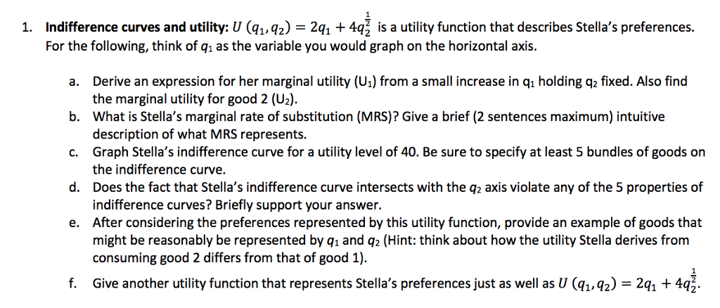 Solved 1. Indifference curves and utility: U (q1,42)-2q1 4 s | Chegg.com