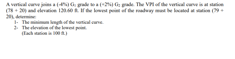 Solved A vertical curve joins a (−4%)G1 grade to a (+2%)G2 | Chegg.com
