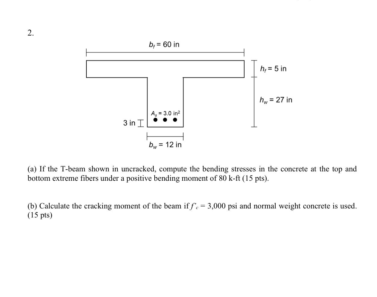 Solved a) If the T-beam shown in uncracked, compute the | Chegg.com