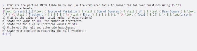 Solved 5. Complete the partial ANOVA table below and use the | Chegg.com