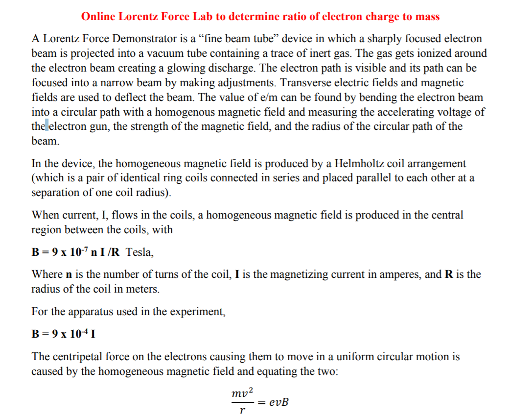 Online Lorentz Force Lab to determine ratio of | Chegg.com
