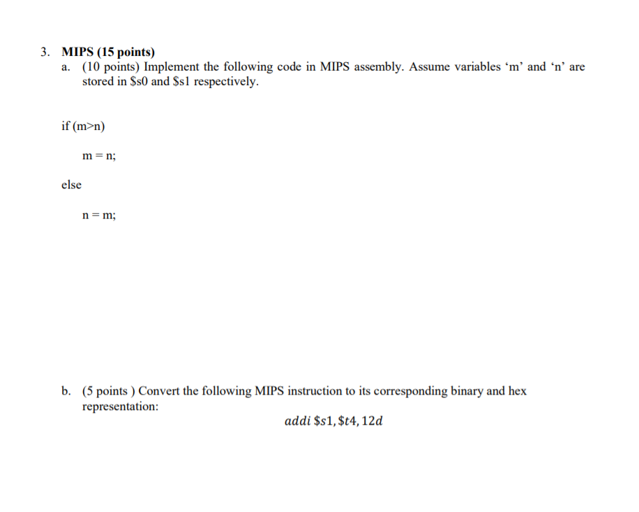 Solved 3. MIPS (15 points) a. (10 points) Implement the | Chegg.com