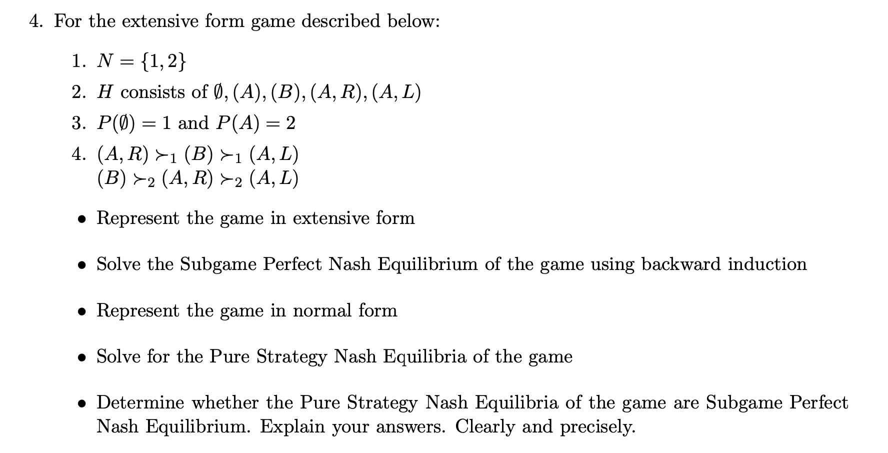 Solved For the extensive form game described below:N={1,2}H | Chegg.com