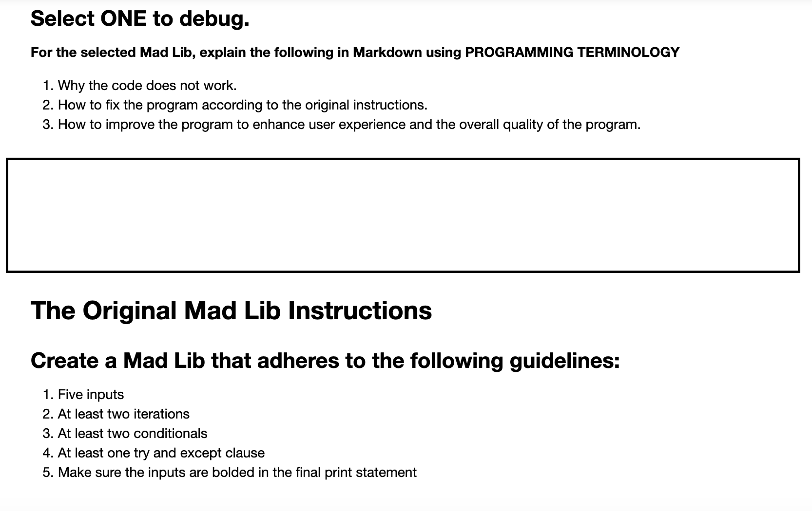 Solved Select ONE to debug. For the selected Mad Lib, | Chegg.com