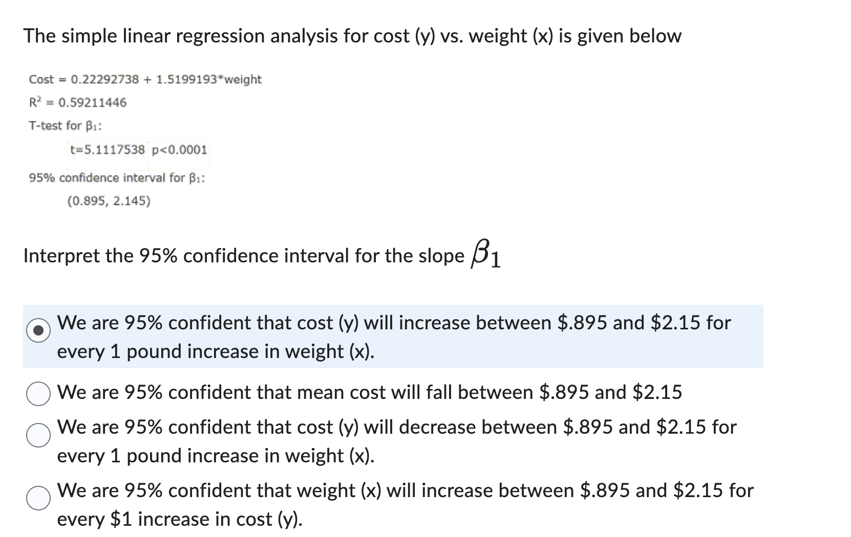 Solved The simple linear regression analysis for cost (y) | Chegg.com