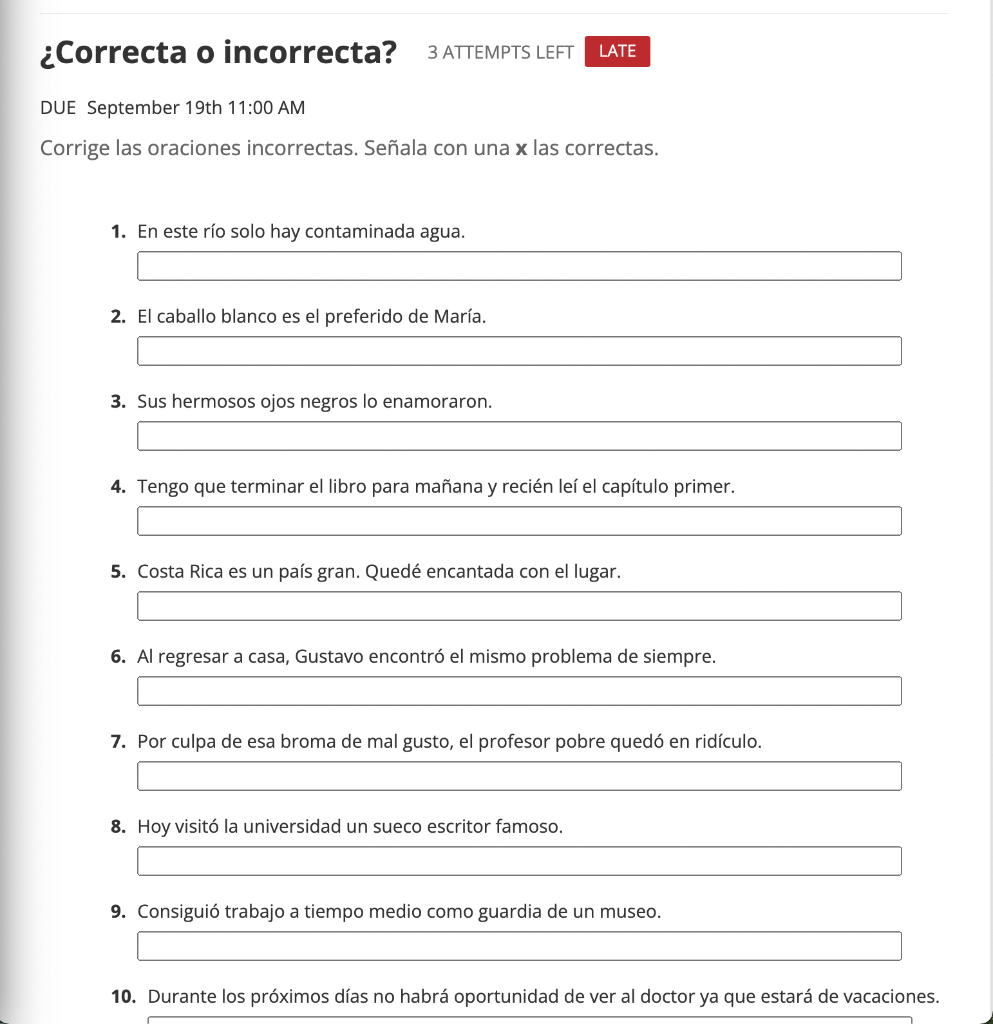 DUE September 19th 11:00 AM Corrige las oraciones | Chegg.com