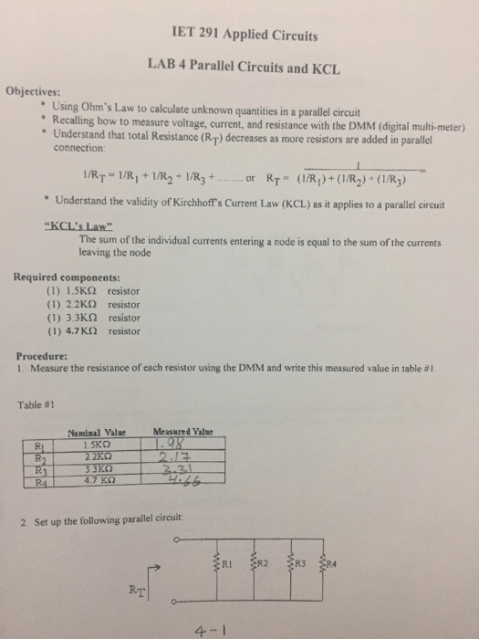 Solved IET 291 Applied Circuits LAB 4 Parallel Circuits and | Chegg.com