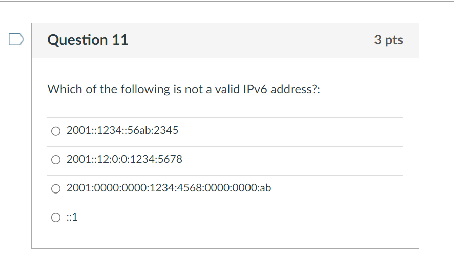 Solved Which of the following is not a valid IPv6 address?: | Chegg.com
