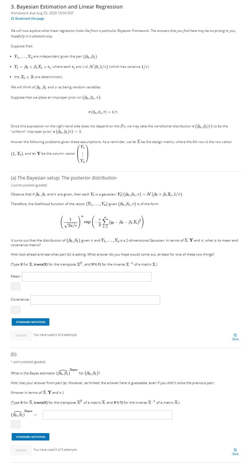 3. Bayesian Estimation and Linear Regression Homework | Chegg.com