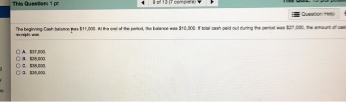 Solved The beginning Cash balance was $11,000. At the end of | Chegg.com