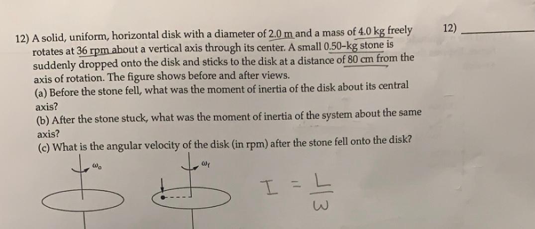 Solved 12) A solid, uniform, horizontal disk with a diameter | Chegg.com
