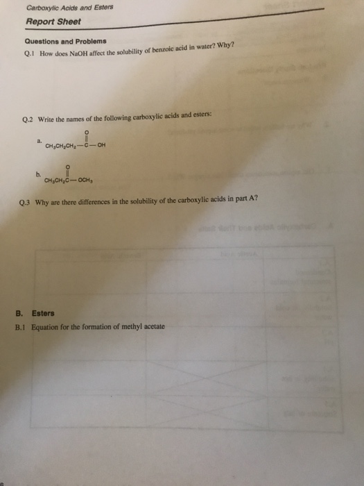Solved Carboxylic Acids and Esters Report Sheet Questions | Chegg.com