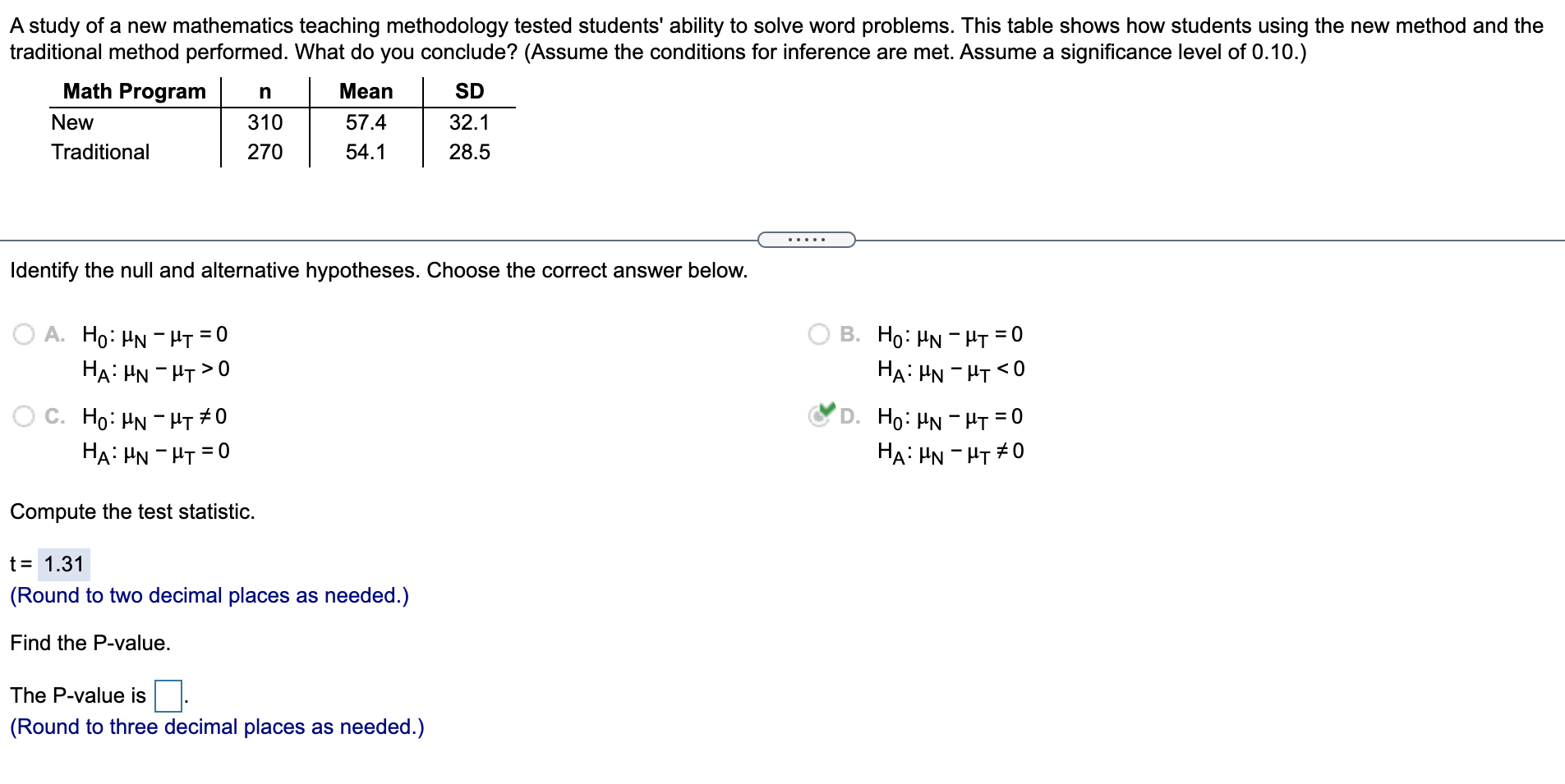 Solved A study of a new mathematics teaching methodology | Chegg.com