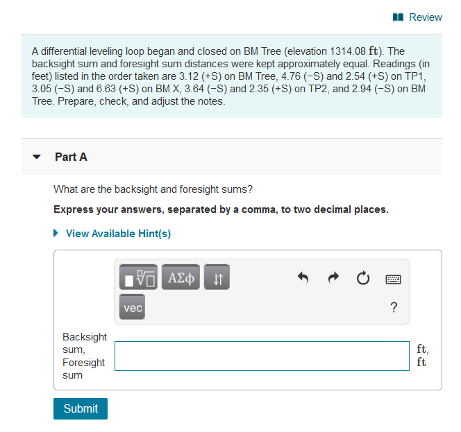 Solved Review A differential leveling loop began and closed | Chegg.com