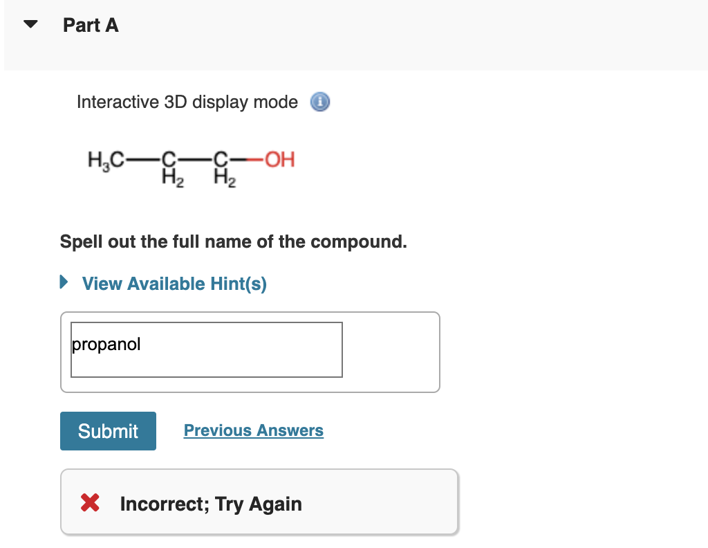 Solved Part A Interactive 3D display mode H,C- OH C H2 Hz | Chegg.com