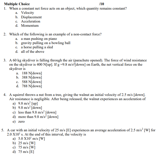 Solved Multiple Choice 10 1 When A Constant Net Force Acts