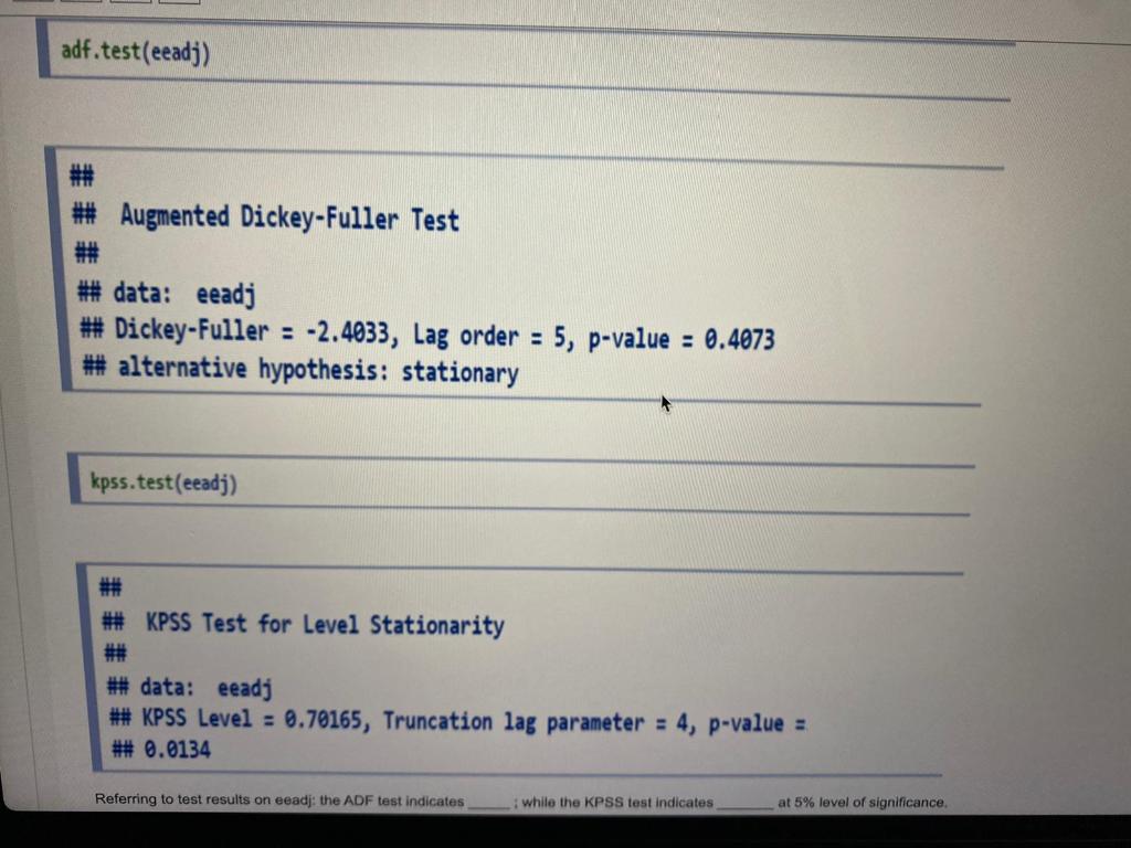 Solved adf.test(eeadj) ## ## Augmented Dickey-Fuller Test ## | Chegg.com